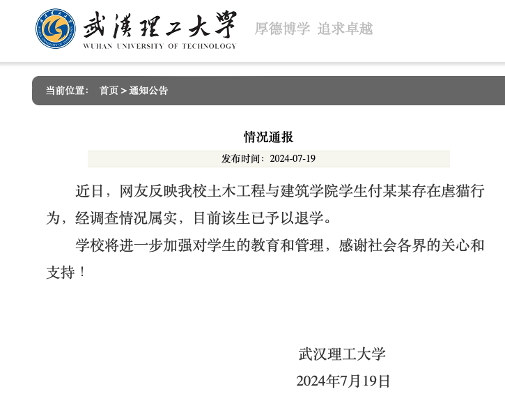武汉理工大学通报学生虐猫：予以退学许兴华博兴县波涛