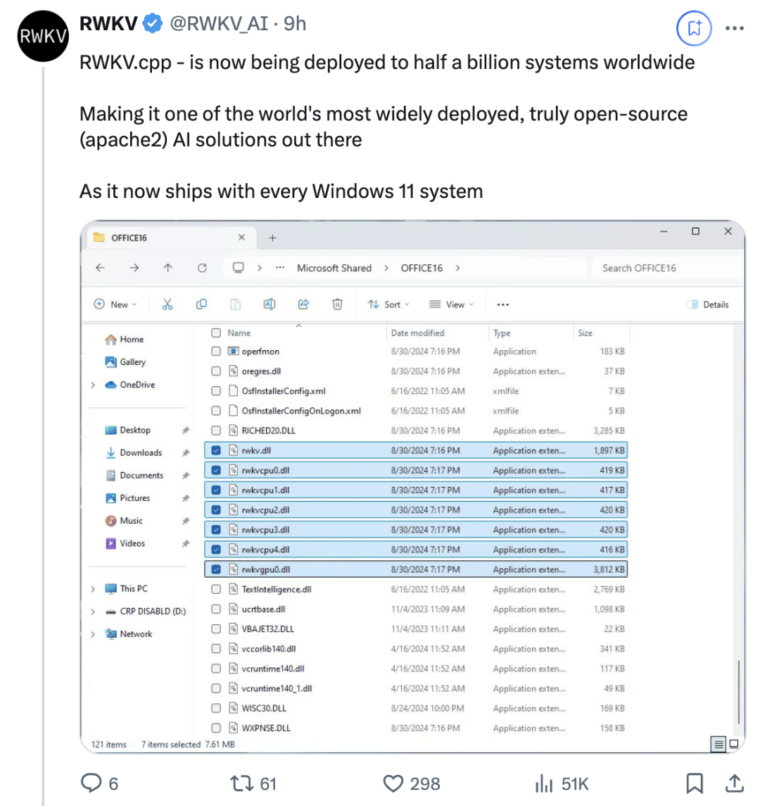 微软Win11中发现国产开源大模型！RWKV官方：没人给我钱啊？现在捐赠还来得及_token_团队_架构