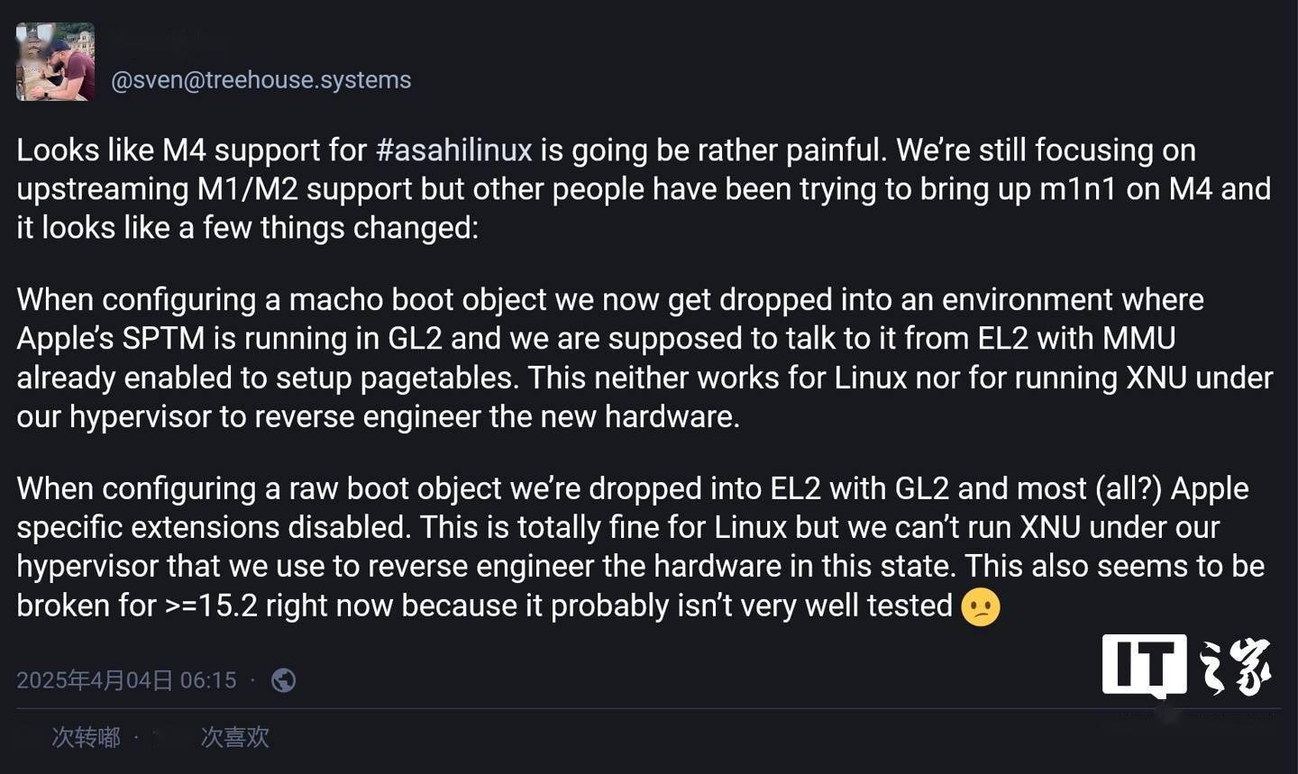 Asahi Linux挑战升级：M4 Mac适配遇难题，项目进展受阻_芯片_Peter_运行